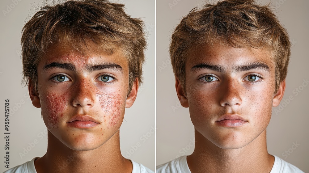 Before and after photo of a teenage boy with pimples, showing a ...