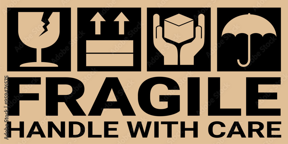 sticker fragile handle with care, black and brown fragile warning label ...