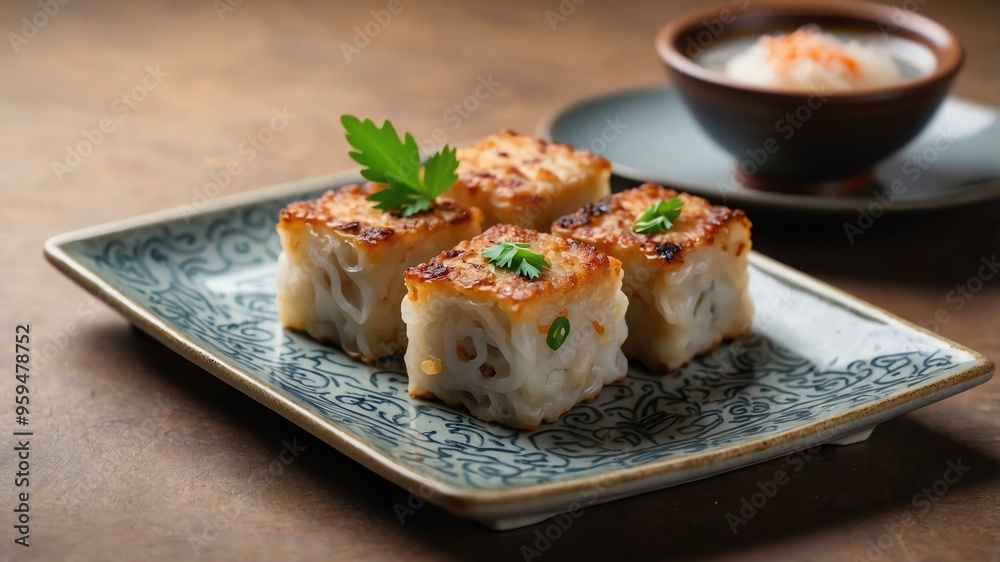 chinese dim sum dish turnip cake isolated on an aesthetic plating ...