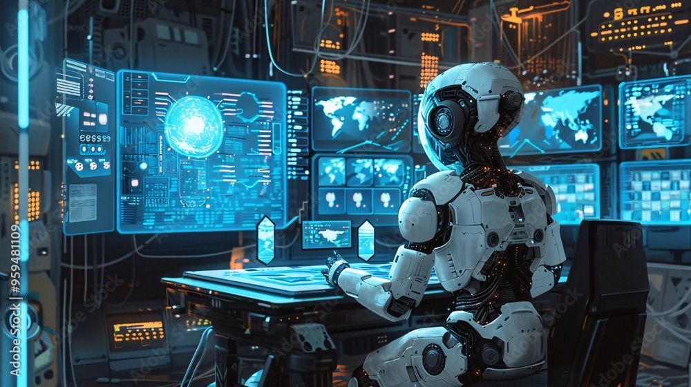 A creative depiction of a robot artist working on an intricate ...