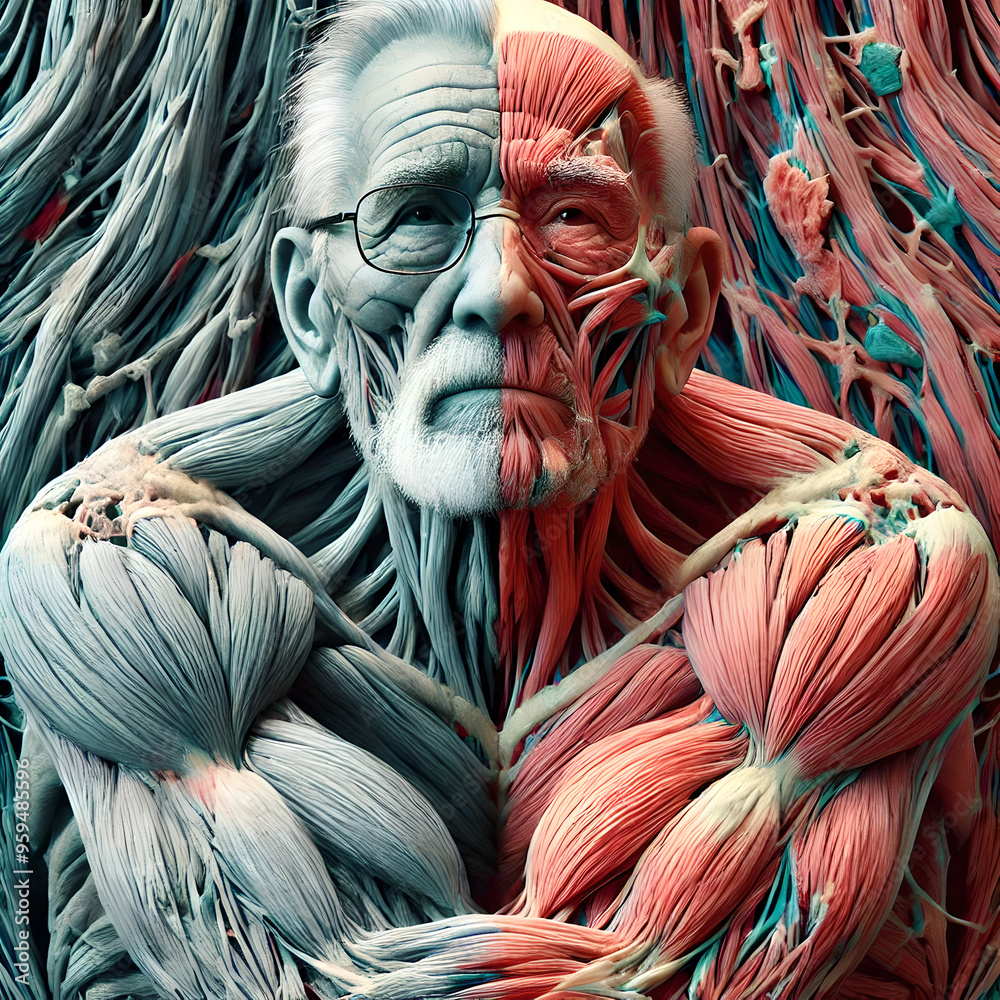 3D showing gradual degeneration of muscle tissue in elderly individuals ...