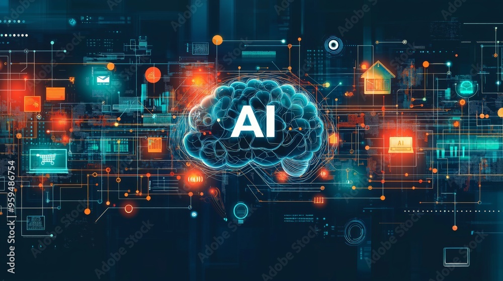 AI Brain Concept Surrounded by Complex Digital Interfaces and Data ...