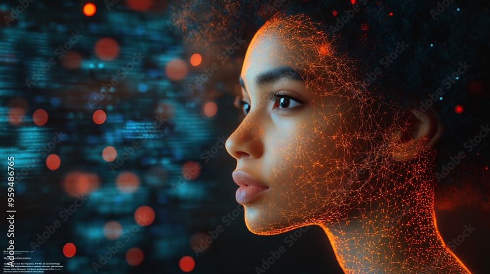Side Profile of a Young Woman with Digital Network Overlays on Her Face ...