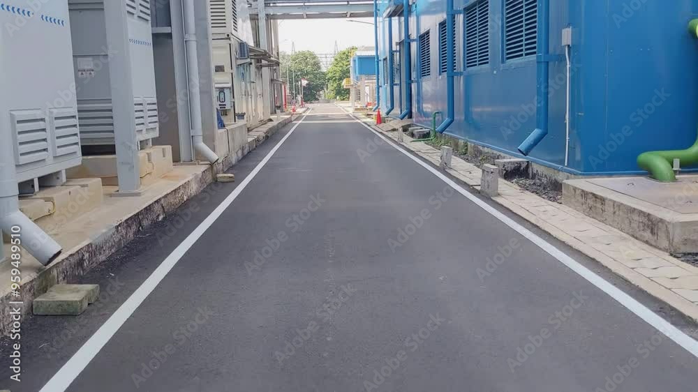 Asphalt Roadway Between Industrial Buildings. A long, narrow asphalt ...