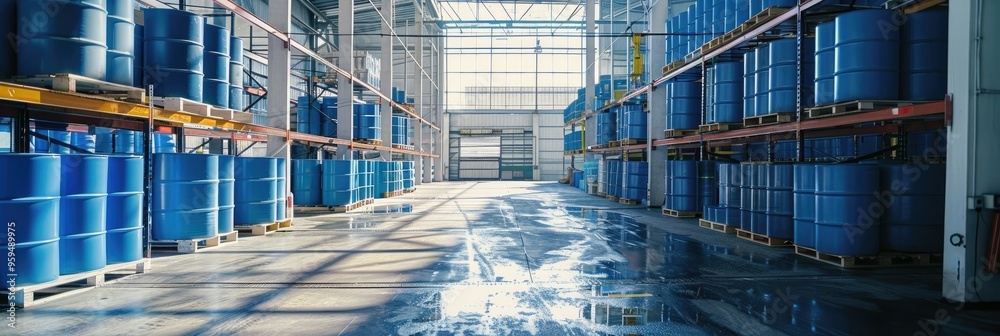 Chemical storage facility featuring plastic drums on pallets and liquid ...