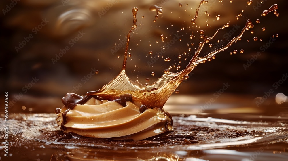 Decadent chocolate liquid cascading and pouring onto a gourmet dessert ...