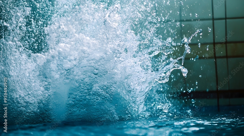 Dramatic splash of water captured just as a diver enters a pool with ...