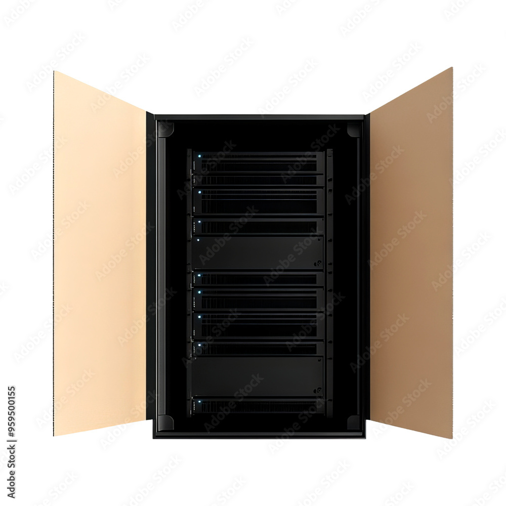 Server rack open to reveal multiple storage units, ideal for data ...