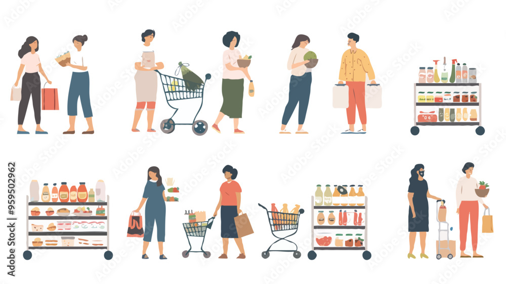 Set of different customers in a grocery store. People make purchases of ...
