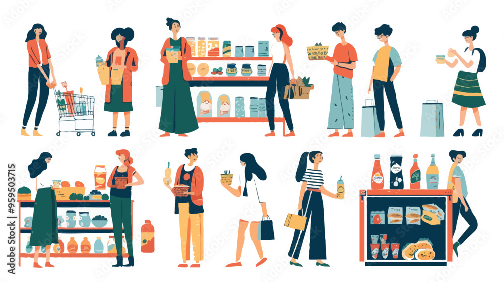 Set of different customers in a grocery store. People make purchases of ...