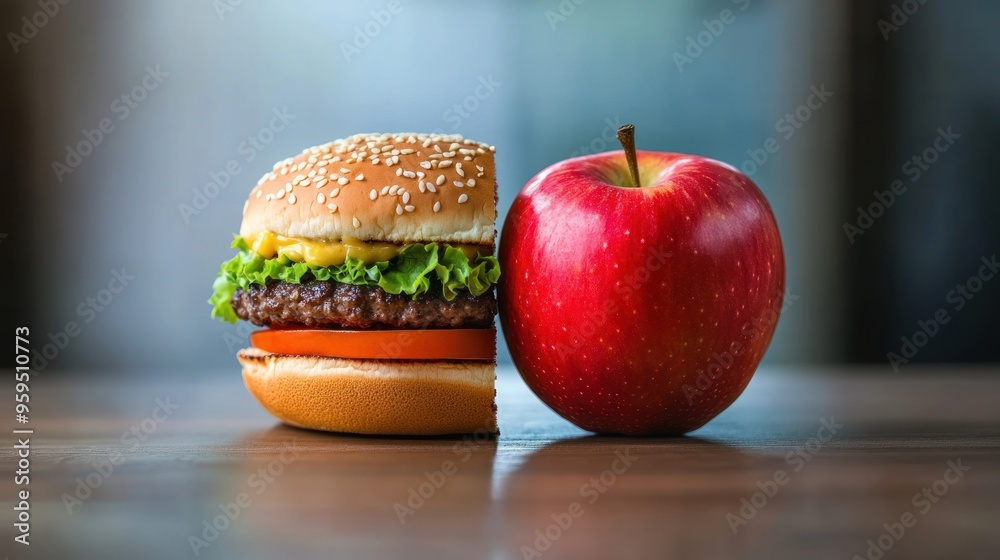Close up Image of hamburger and apple split in half. Concept of diet ...