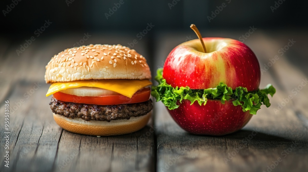 Close up Image of hamburger and apple split in half. Concept of diet ...