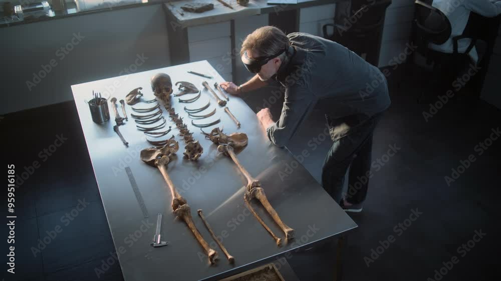 Modern archaeological lab: High angle of mature archaeologist in VR ...