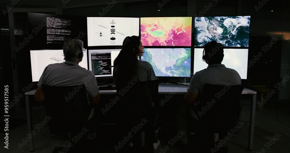 People, control room and team monitor satellite maps to track storm ...