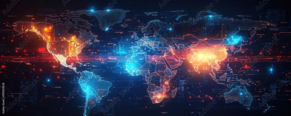 Digital world maps with expanding regions highlighted, representing ...
