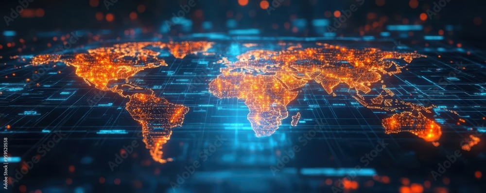 Digital world maps with expanding regions highlighted, representing ...