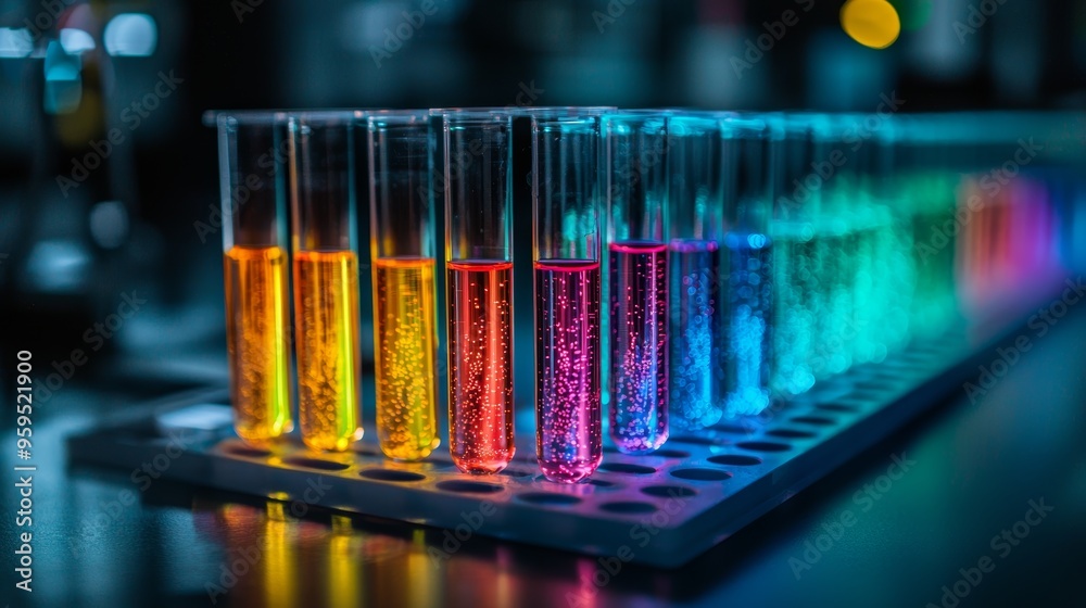 Biotechnology lab featuring multi-colored glowing liquids in test tubes ...