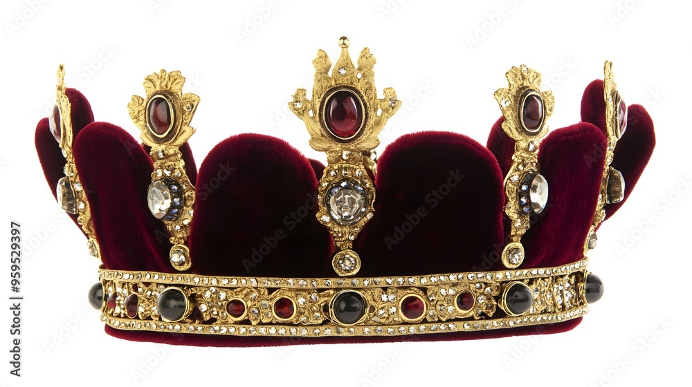 Luxurious red velvet crown with gold edging and gemstones on top ...
