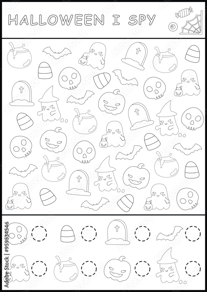 Halloween printable worksheet in black and white. I spy game page for ...