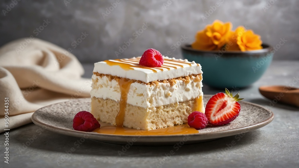 mexican desserts dish tres leches cake isolated on an aesthetic plating ...