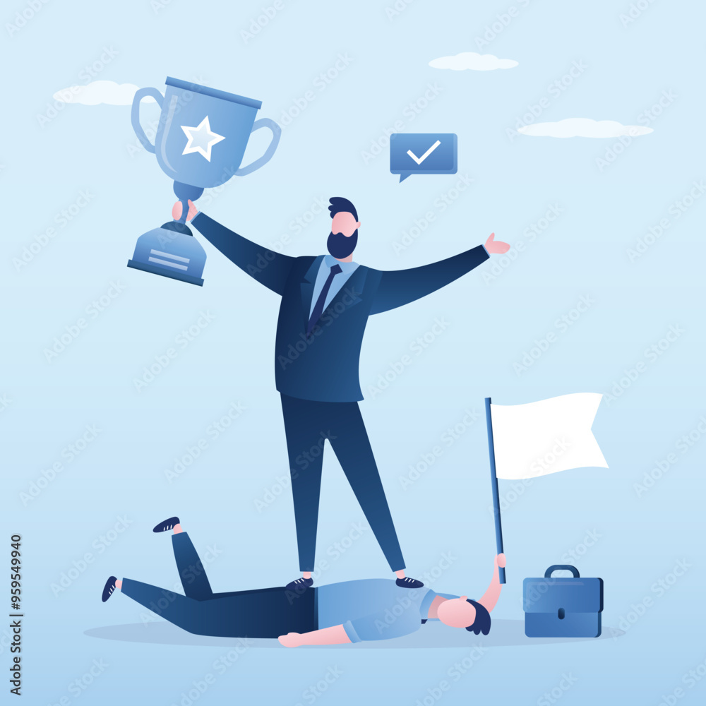 Happy winner with trophy stands on back of lying losing businessman ...