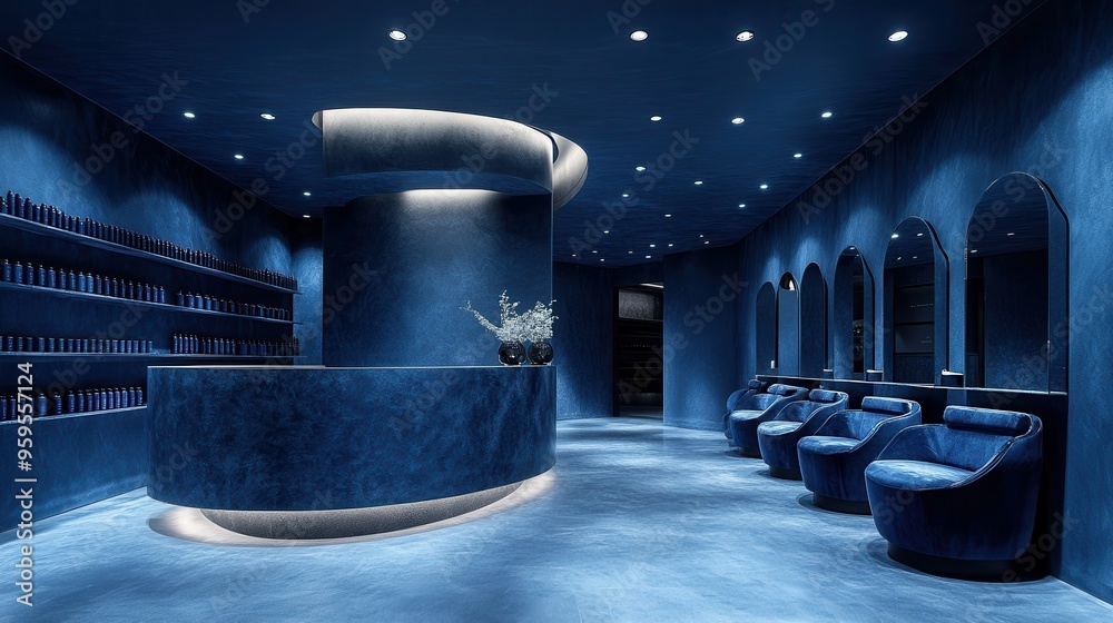 Elegant blue interior featuring a modern reception desk and stylish ...