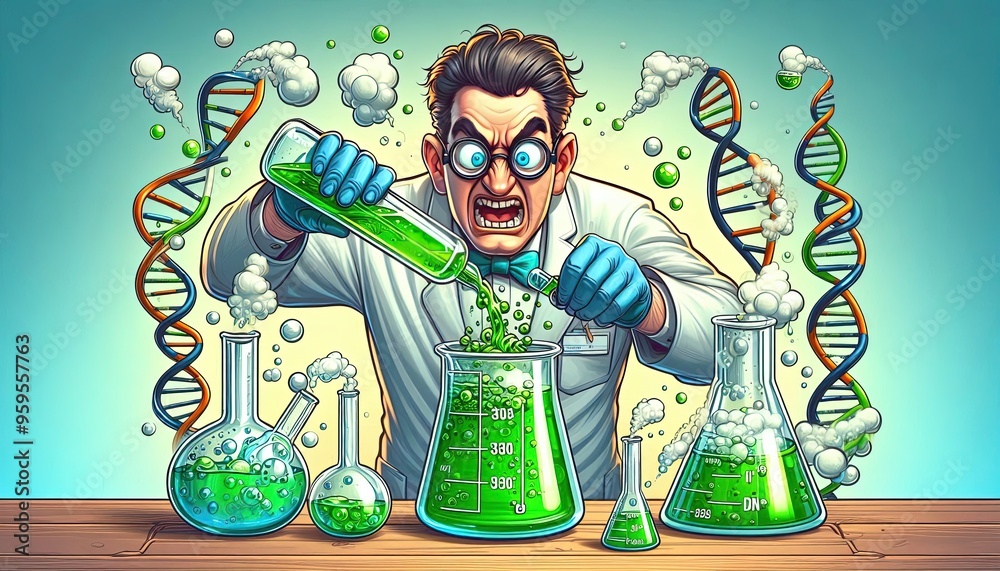 Mad Scientist in Lab with Bubbling Potions and DNA Strand. Stock ...