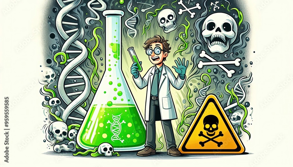 Mad Scientist with Toxic Potion and Warning Sign. Stock Illustration ...