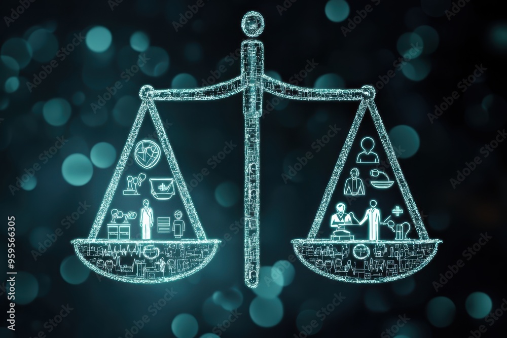 A digital representation of a scale balancing healthcare symbols (like ...