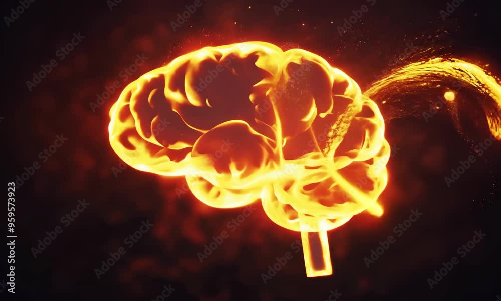 A brain is shown in a fiery glow, with the flames surrounding it ...