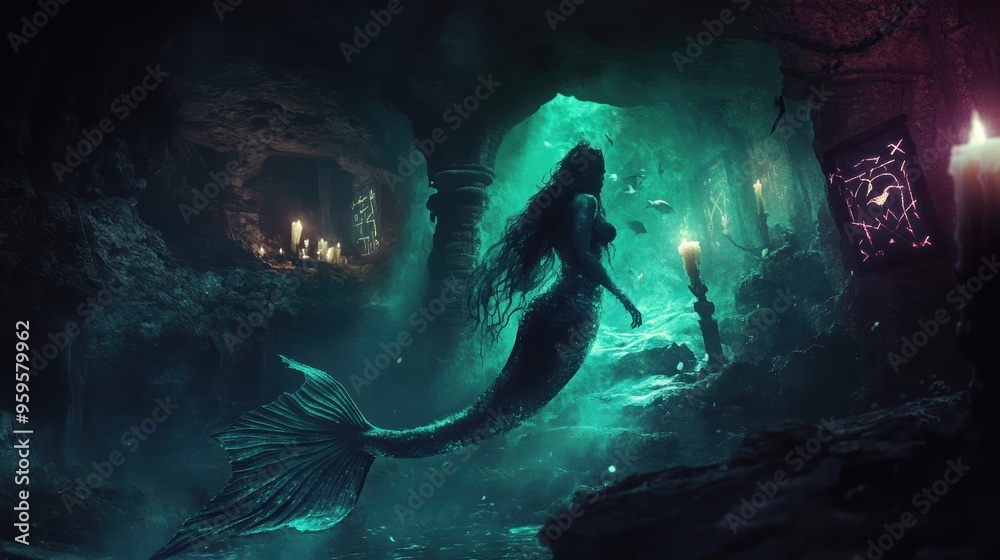 A mermaid swims through an enchanted underwater cave lit by candles and ...