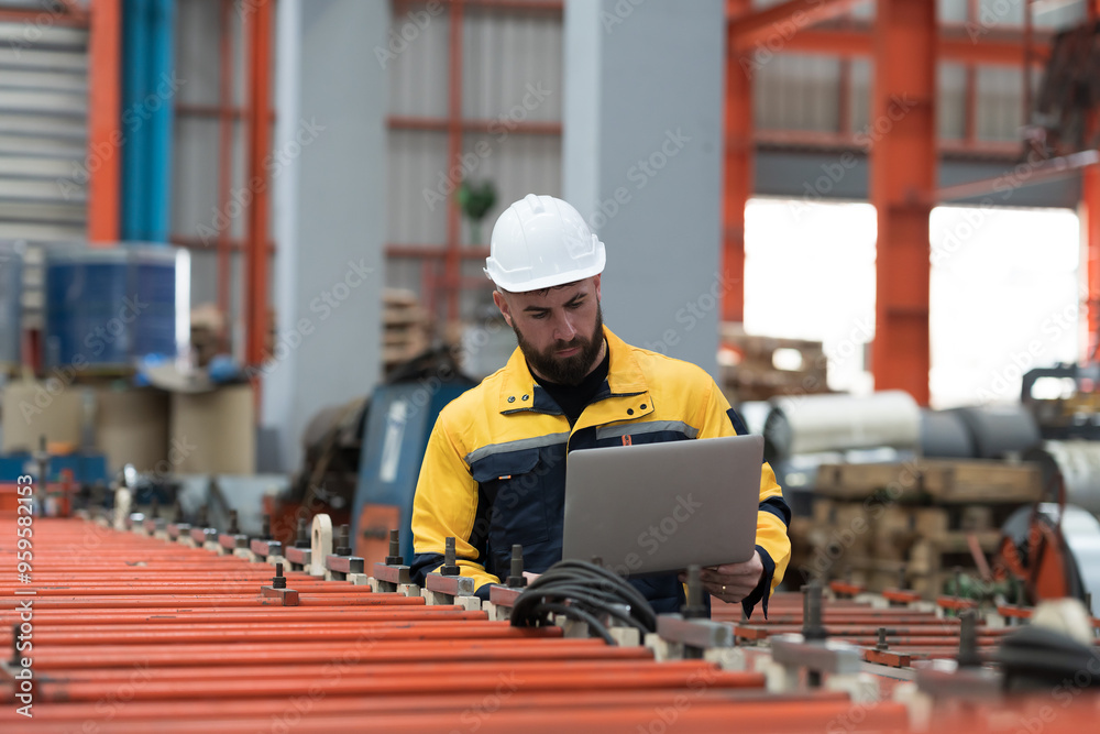 Male engineer factory worker control CNC machine by laptop computer in ...