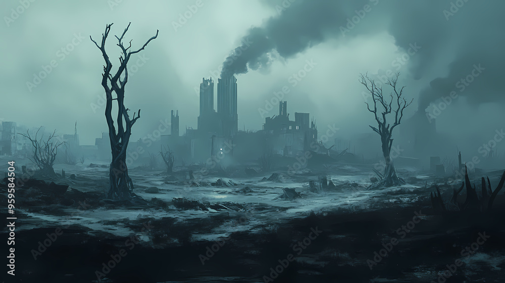 Dark and somber wasteland with dead trees and in the distance remnants ...