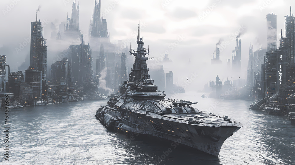 World maritime day - epic war ship in an alien sea harbour with ...