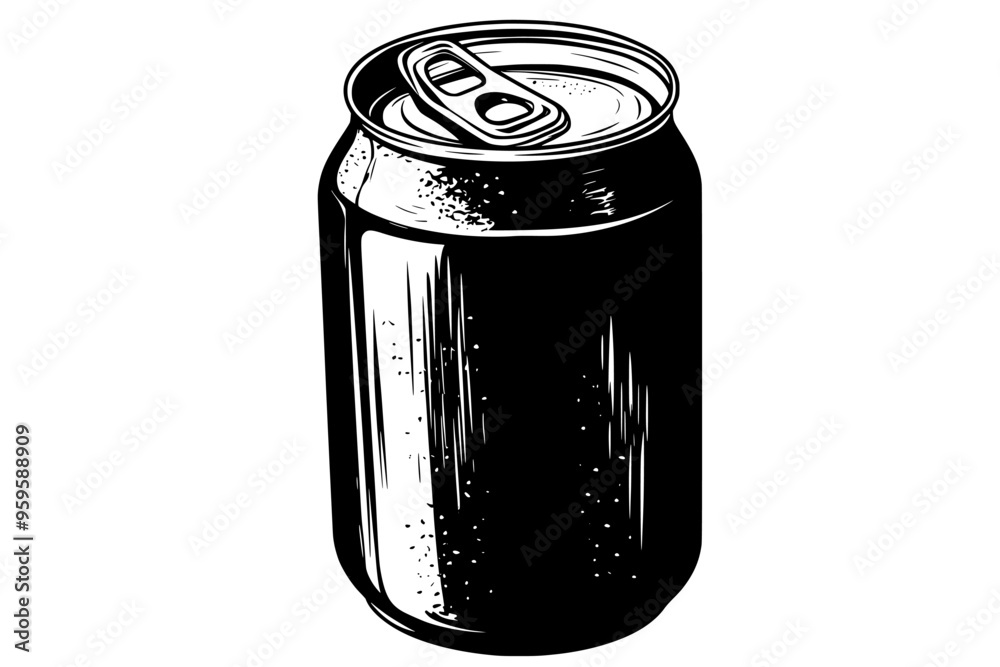 Root beer can, opened, with the pull tab lifted and liquid slightly ...