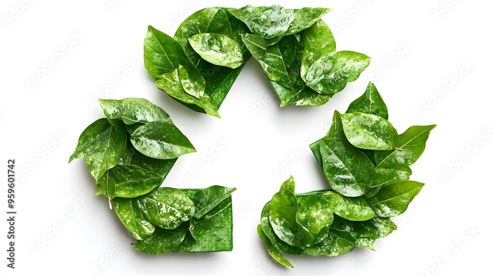 Green Recycling Symbol with Leaves: A classic recycling triangle symbol made of green leaves to ...