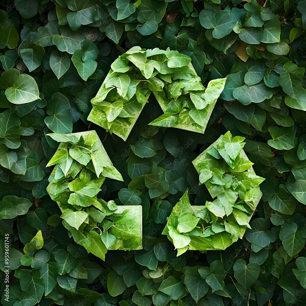 Green Recycling Symbol with Leaves: A classic recycling triangle symbol made of green leaves to ...