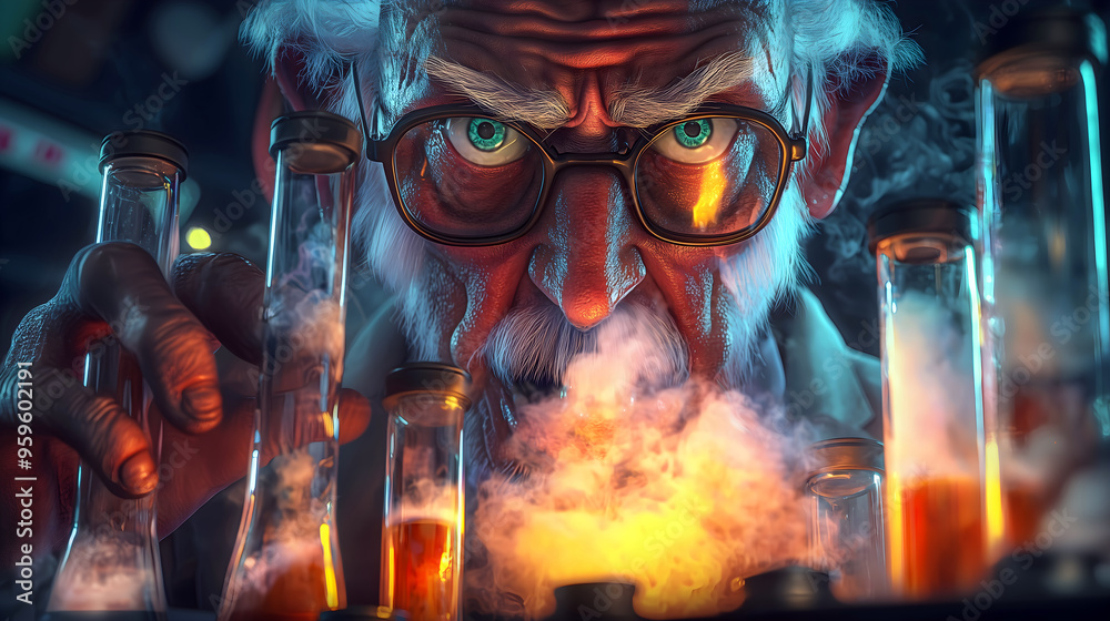 Mad scientist with white hair and beard with test tubes conducting an ...