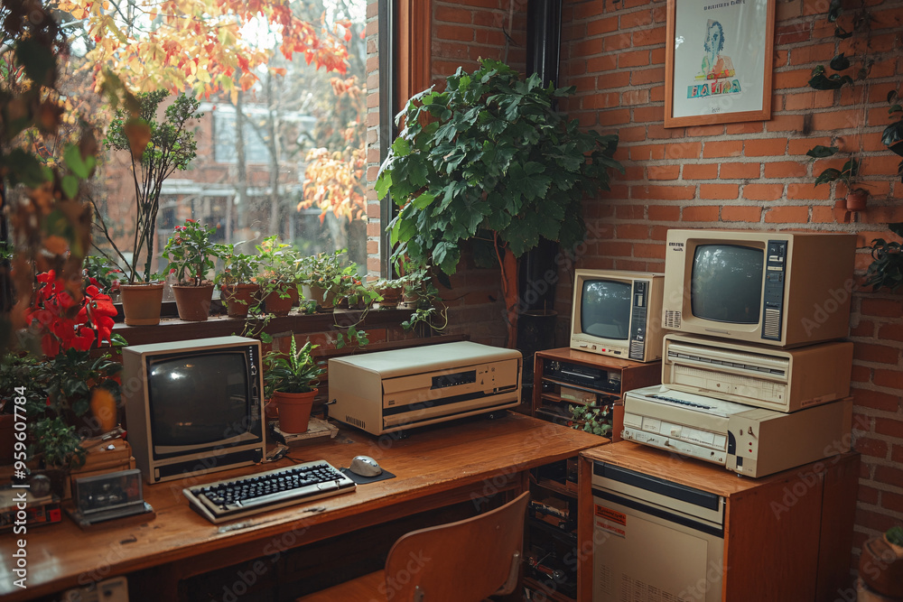 A cluttered 1980s office interior with vintage computers, wooden desks ...
