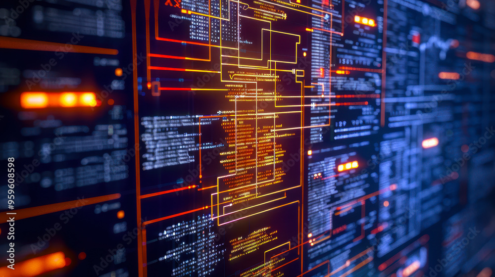 High-Tech Programming Interface with Code and Data Visualizations ...