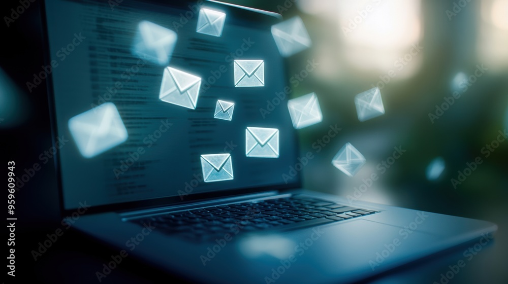 Dynamic view of digital communication with floating email icons above a ...