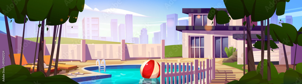 Back yard of modern luxury mansion with swimming pool, lounge chairs ...