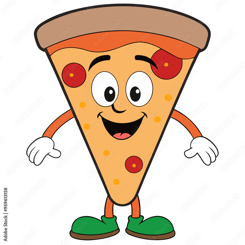 a cartoon illustration of a slice of pizza with a cheerful face. The ...