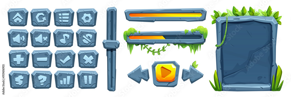Game ui design elements with stone texture and jungle plants. Cartoon ...