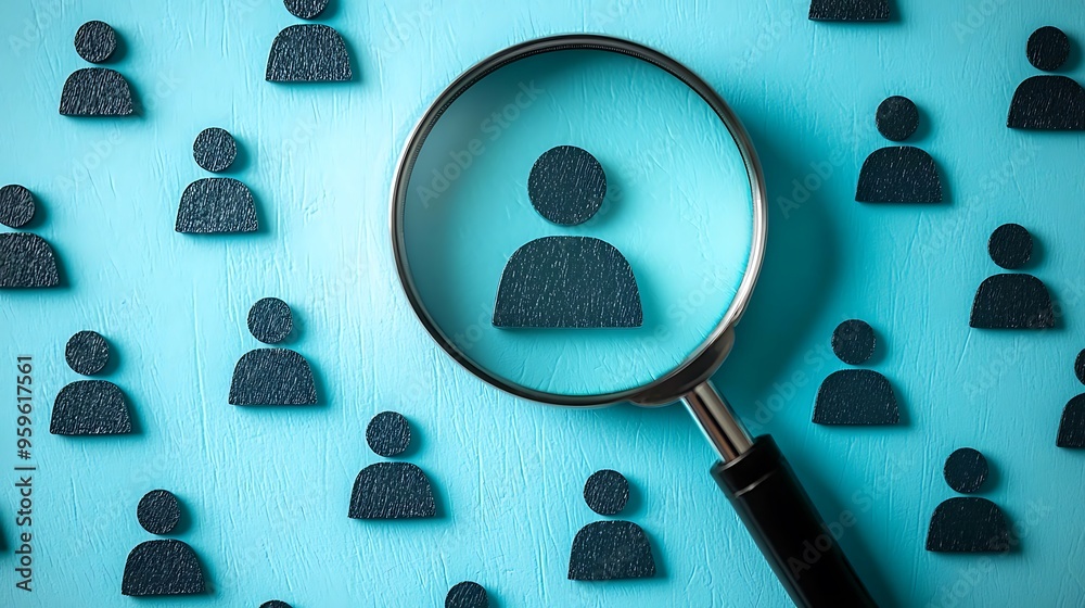 Finding the right person, depicted with a magnifying glass over a ...