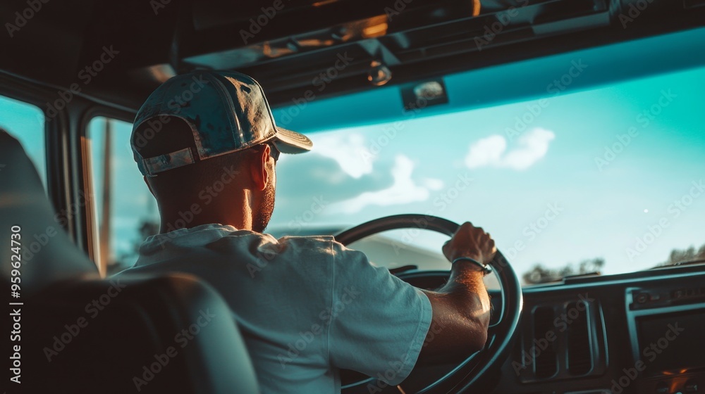 Happy professional truck driver enters compartment, drives his truck ...