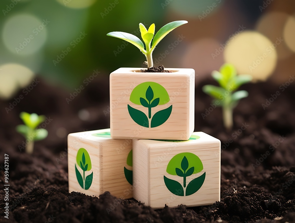 Eco-Friendly Concept Wooden Blocks with Green Icons and Saplings ...