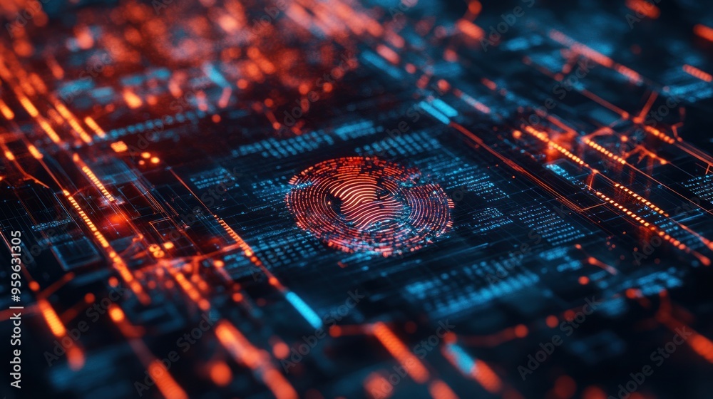 An abstract design for digital forensic science, showing layers of data encryption and digital ...
