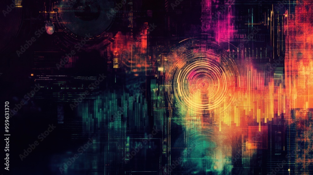 An abstract design for digital forensic science, showing layers of data encryption and digital ...