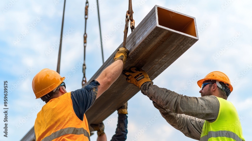 construction workers teamwork safety and diversity lifting steel beam ...